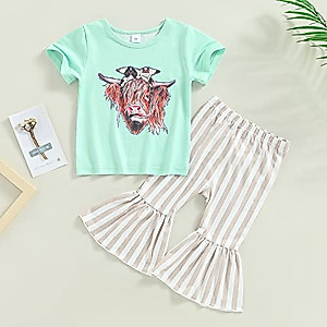 Toddler Western Baby Clothes Girl Short Sleeve t-Shirt top Ruffle Bell Bottoms Flare Pants Kids Summer Clothing (Green,12-18 Months)