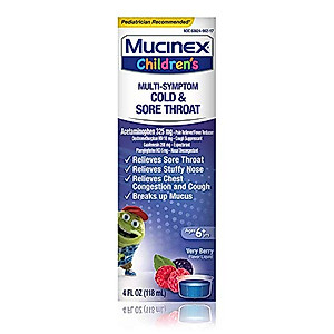 Cold, Cough, and Sore Throat, Mucinex Children's Cold, Cough, & Sore Throat Liquid, Mixed Berry, 4oz (Packaging May Vary) Controls Cough, Relieves Nasal & Chest Congestion, Thins & Soothes Sore Throat