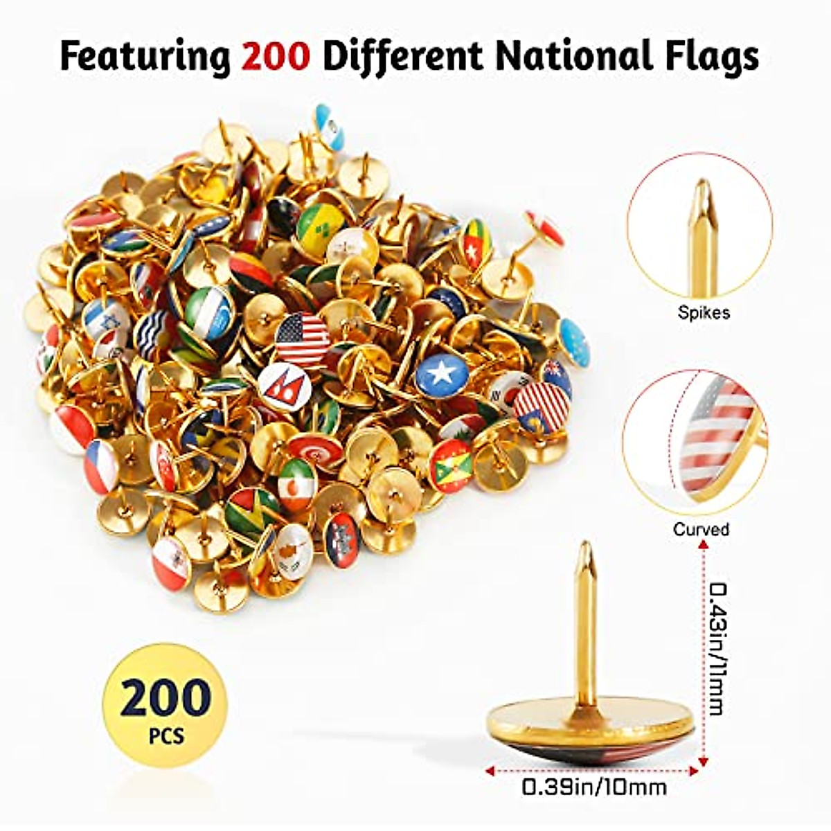 200 Pcs National Flag Thumb Tacks Country Flag Push Pins with National Flag Guide, Map Tacks Places I've Been Flag Map Push Pins for World Map Pins Flag Map Pins for Cork Board, Travel World Map