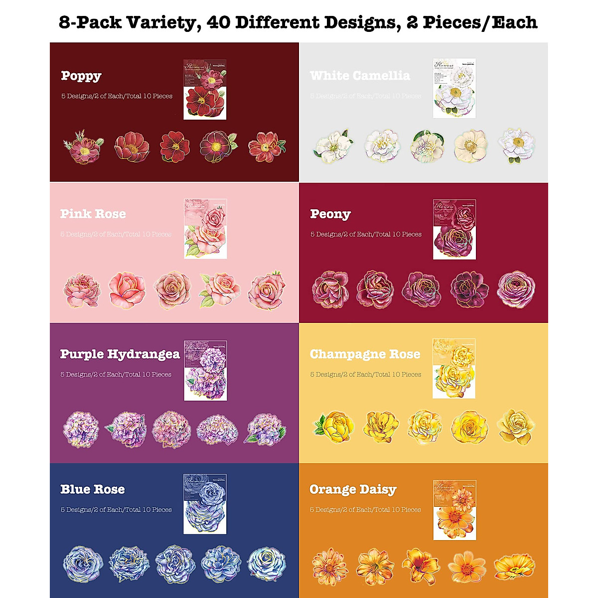 Knaid 80 Pieces Large Size Flower Stickers with Gold Holographic Outlines, Glitter Shiny Floral Waterproof Decorative Decals for Scrapbooking Supplies Junk Journal Bullet Journals Planners