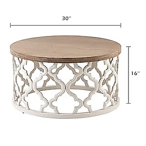 COZAYH Rustic Farmhouse Coffee Table, Distressed Wood Top Table with Curved Motif Frame Base for Boho, French Country Decor, Round, White, 30Dx30Wx16H in