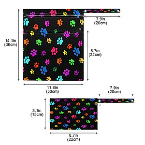 AUUXVA Colorful Dog Cat Paw Print Wet Dry Bag Set Waterproof Reusable Baby Diaper Bags Organizer with Two Zippered Pockets for Travel Beach Swimming Swimsuit Wet Clothes 2 Pack