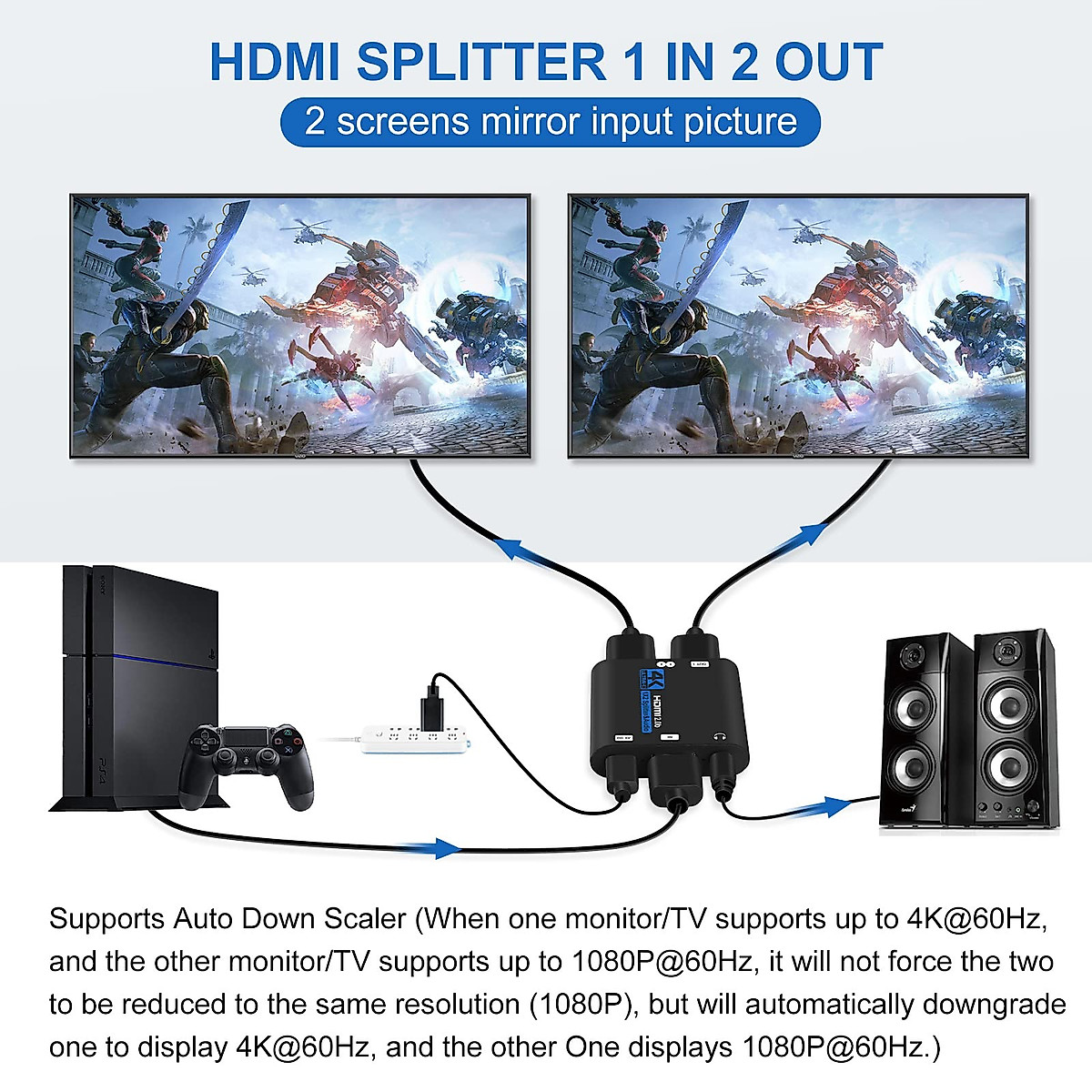4K@60Hz HDMI Splitter 1x2, HDMI Splitter 1 in 2 Out for Dual Monitor, Supports Auto Scaling, HDCP 2.2, HDMI 2.0b, RGB 8:8:8, HDR 10, 3D for Xbox PS4/5 Fire Stick Cable Box(HDMI Cable NOT Include)