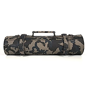 Leather Knife Roll Storage Bag, Elastic and Expandable 10 Pockets, Adjustable/Detachable Shoulder Strap, Travel-Friendly Chef Knife Case (Camo Green, Leather)