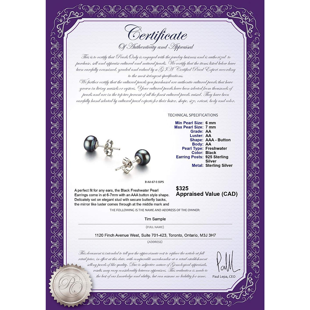 PearlsOnly Black 6.0-7.0mm AA Cultured Freshwater Pearl Earring Set-Sterling-Silver-Posts