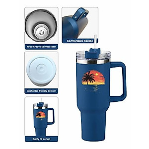 40 ounce insulated cup with handle, double-layer vacuum stainless steel material, equipped with straw, can keep warm or maintain cold drinks Dusk Sunset Palm Trees Sunset Bright pink