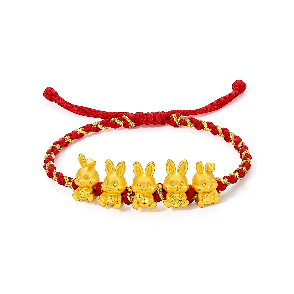 ZHOU LIU FU Real Gold Charm Bracelets for Women, Adjustable 5 Lucky Rabbit 24K Solid Gold Jewelry Braided Red Bracelet, Fortune Rabbit Charm Bracelets Lucky Bunny Pure Gold Bangle Bracelets