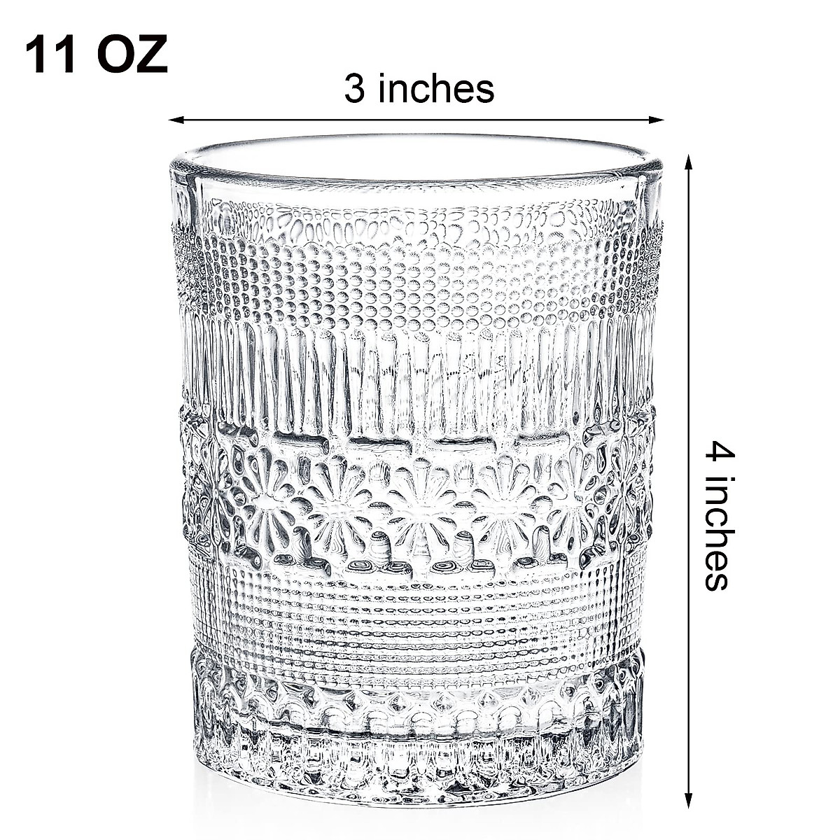 Coloch 6 Pack 11 Oz Romanstic Drinking Glasses, Embossed Water Glasses Vintage Heavy Base Whiskey Glasses Clear Glass Tumblers for Juice, Beverages, Cocktail, Coffee, Bar, Restaurant, Kitchen