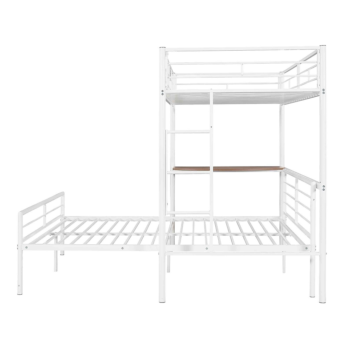 ATY Metal Bunk Beds Twin Over Full Size, L Shaped Steel Bedframe w/Desk & Built-in Ladder and Full-Length Guardrail, No Box Spring Needed, White