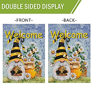 Furiaz Welcome Spring Honey Bee Gnome Garden Flag, Summer Yard Outdoor Home Decorative Burlap Lawn Outside Decoration, Daisy Flowers Small Decor Double Sided 12x18