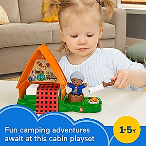 Fisher-Price Little People Toddler Playset Cabin With Camper Figure Plus Campfire Light And Sounds For Pretend Play Ages 1+ Years