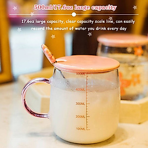 ZRAGEK Sakura Mug Creative Sakura Cup Coaster, Office Drinking Cup with Scale, Cute Heat Resistant Glass Mug with Lid Spoon, 17.6 oz Large Capacity(Big flower,17.6Oz)