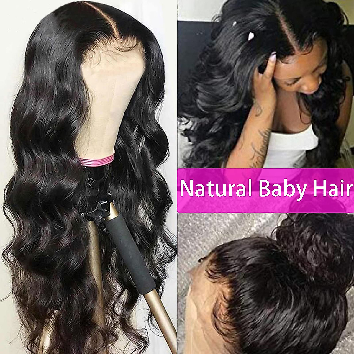 Body Wave Lace Front Wigs Human Hair 20 Inch Glueless 4X4 Lace Closure Wigs Human Hair for Black Women 180% Density Brazilian Virgin Hair Pre Plucked Bleached Knots with Baby Hair (Natural Color)