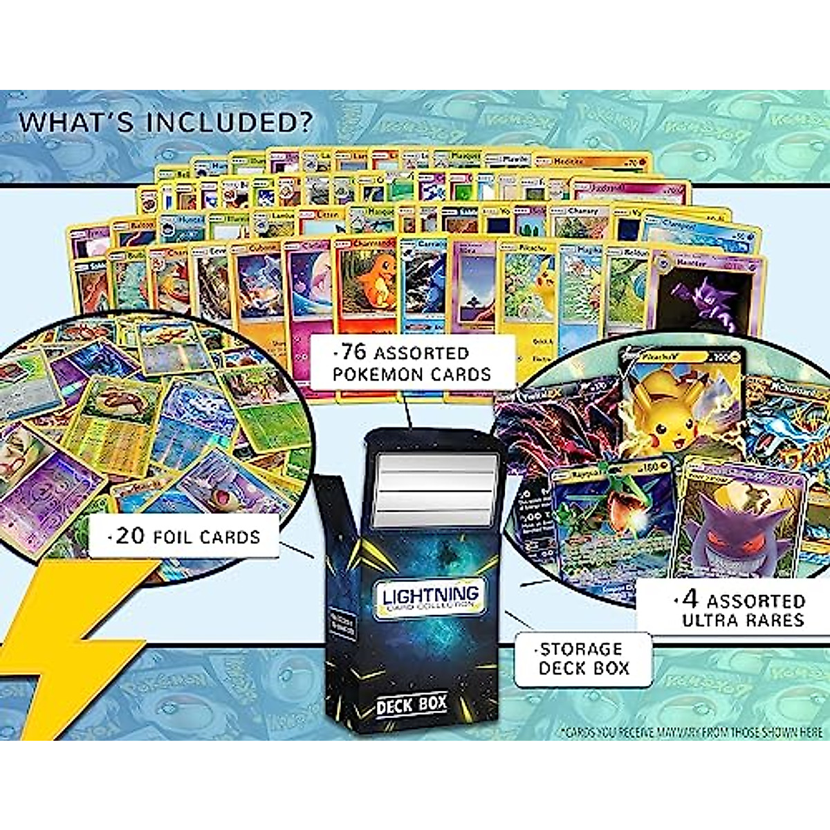 Lightning Card Collection Premium Bundle :100+ Cards inculdes 20 foil Cards | 4 Legendary Ultra Rare V, GX, or EX | LCC Box That is Compatible with Pokemon Cards