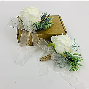 Set of 2 Rose Boutonnieres and Rose Wrist Corsage Men Boutonniere Set Woman White Rose Wrist Corsage Wristlet Band Bracelet for Wedding Suit Decorations (Boutonnieres)