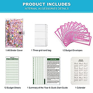 A6 Glitter Budget Binder with 12 Printed Budget Envelopes & Expense Budget Sheets Calendar, Pocket Budget Planner Organizer, Money Organizer for Cash, Cash Envelopes for Budgeting and Saving Money