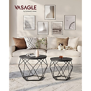 VASAGLE Small Coffee Table Set of 2, Round Coffee Table with Steel Frame, Side End Table for Living Room, Bedroom, Office, Black