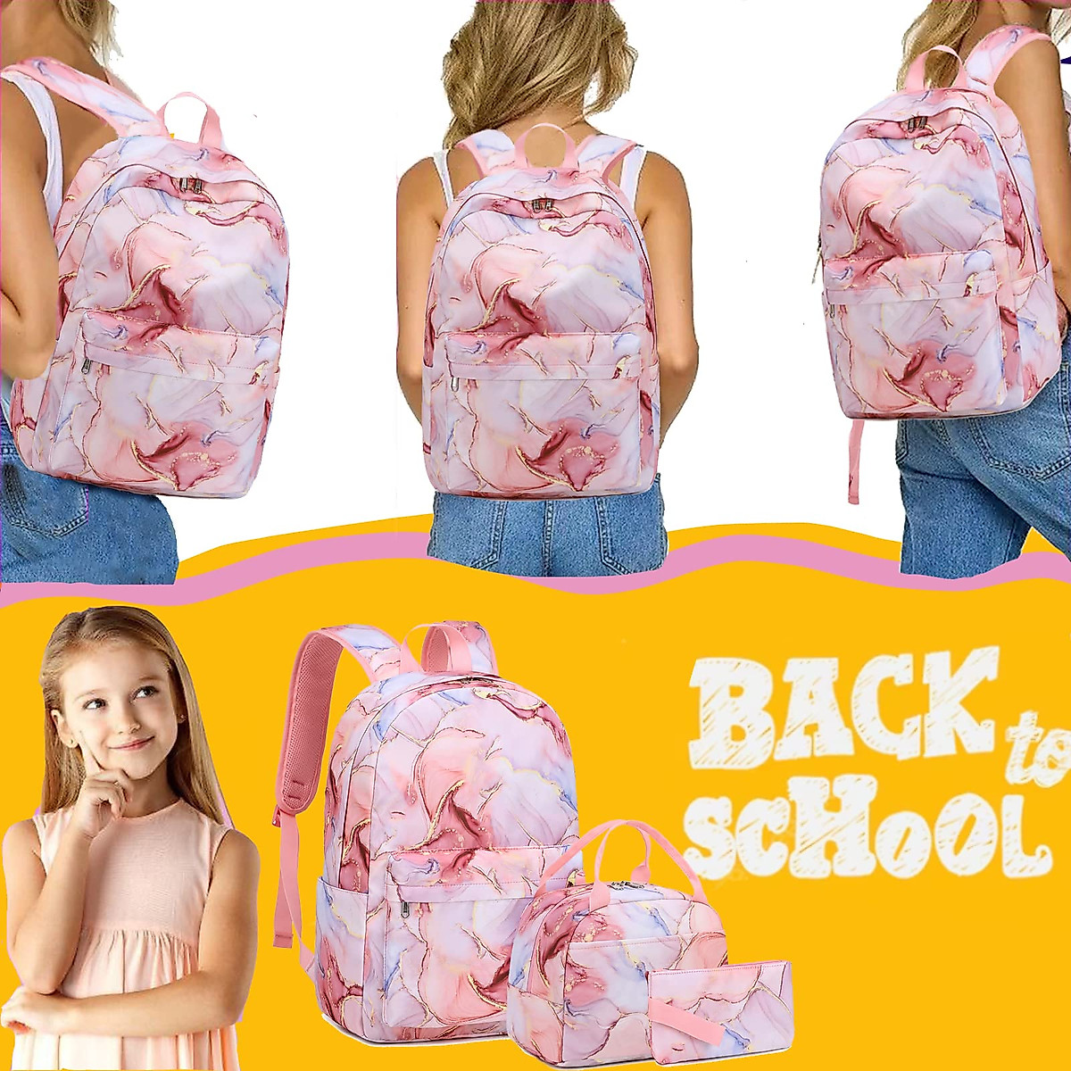 Jumpopack School Backpack for Girls Backpack with Lunch Box - Elementary to Middle School Bag Kids Teen Girl Bookbag,Marble Pink