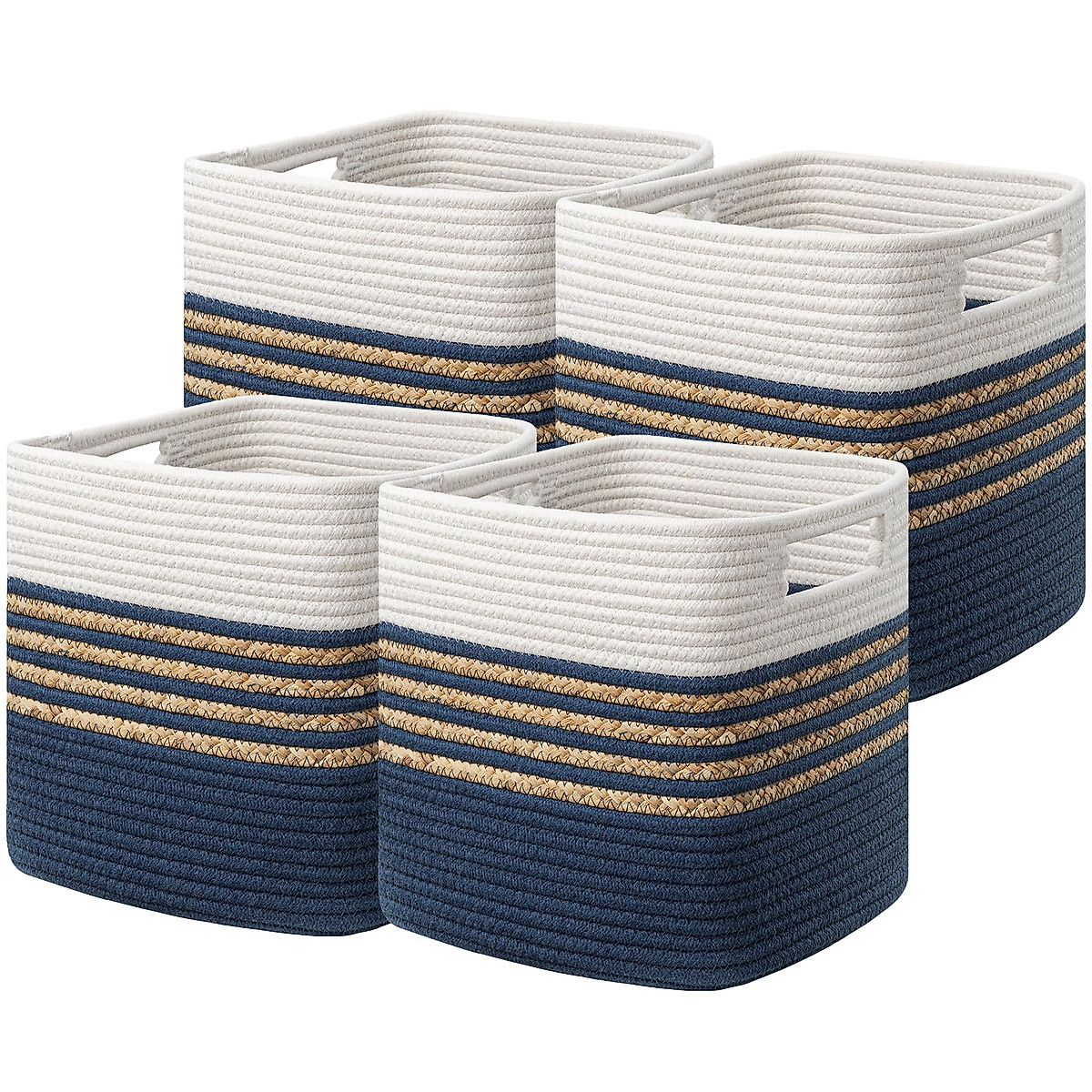 UBBCARE Set of 4 Storage Cubes 11 X 10.5 X 10.5 in, Water Hyacinth Storage Bins for Shelves, Toys, Book, Storage Baskets with Handles, Cotton Rope Woven Baskets for Organizing, Blue