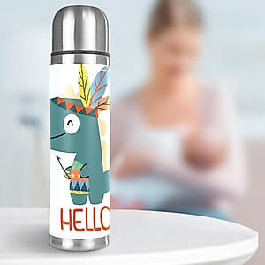 Stainless Steel Leather Vacuum Insulated Mug Dinosaur Thermos Water Bottle for Hot and Cold Drinks Kids Adults 16 Oz