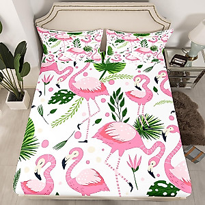 Feelyou Flamingo Bed Sheets Set Twin Size, Pink Flamingo Sheet Set for Kids Tropical Flamingo Pattern Sheets with Deep Pocket Fitted Sheet Plam Leaf Bedding Set Microfiber Bed Set