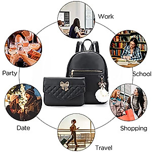 I IHAYNER Backpack Purse for Women, Girls Mini PU Leather Backpack Chain Shoulder Travel Bag with Detachable Handbags, 2 Pieces（Black）
