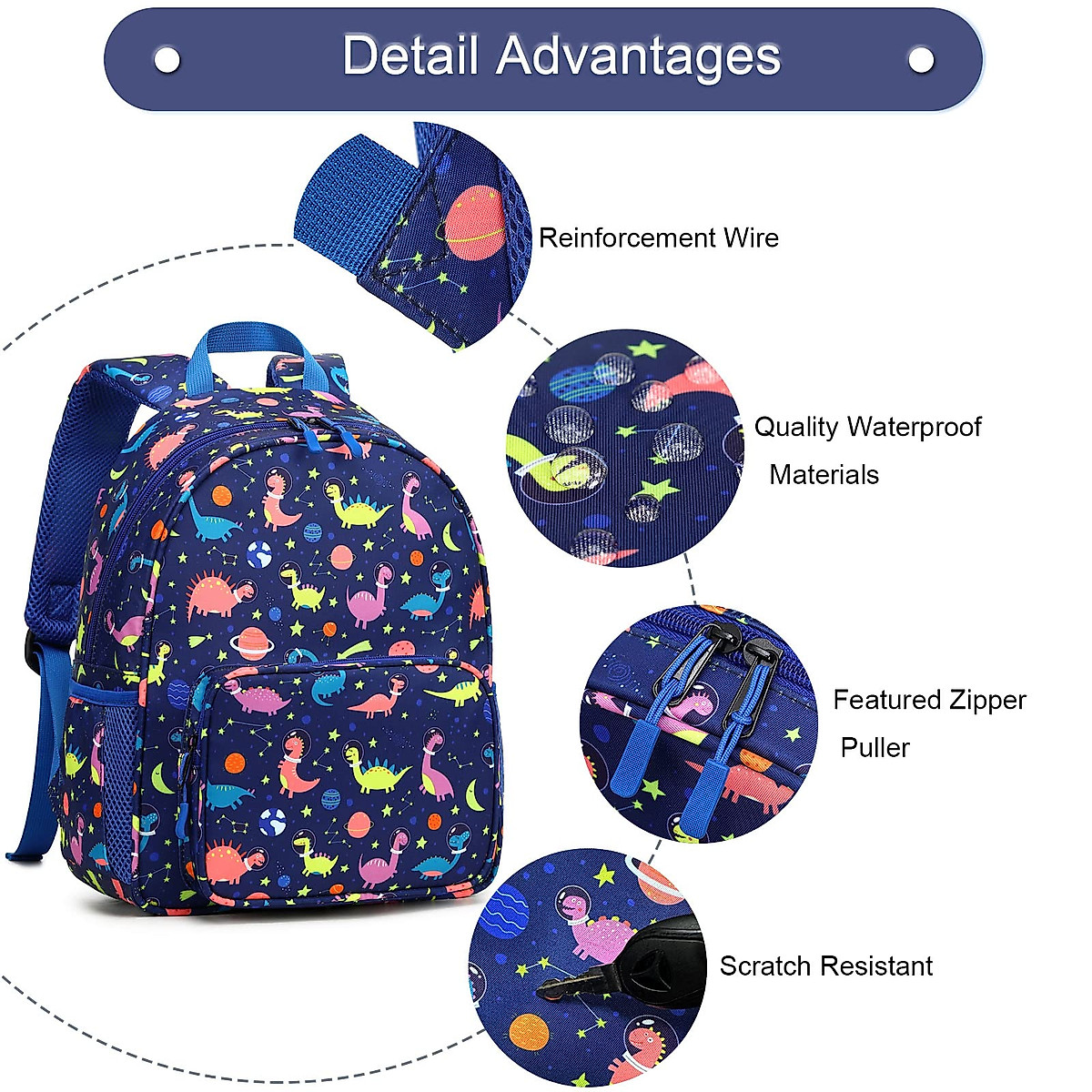 Backpack Toddler Girl, 13.80" x 11.02" x 4.72" Unicorn Backpacks with Adjustable Padded Shoulder Straps For Age 3-6 (Dark Blue Dinosaur)