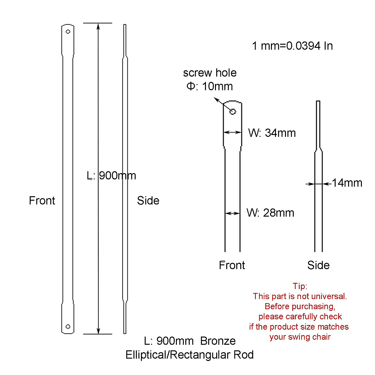 Timyrimy 90cm/35.4inch Garden Swing Replacement Bars, Bronze Metal Elliptical/Rectangular Rods for Hanging Swing Seat to Frame(2PCS/CTN)