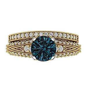 Clara Pucci 2.07ct Round Cut Pave Solitaire with Accent Natural London Blue Topaz Statement Bridal Ring Band Set 14k 2 Tone Gold 8.5
