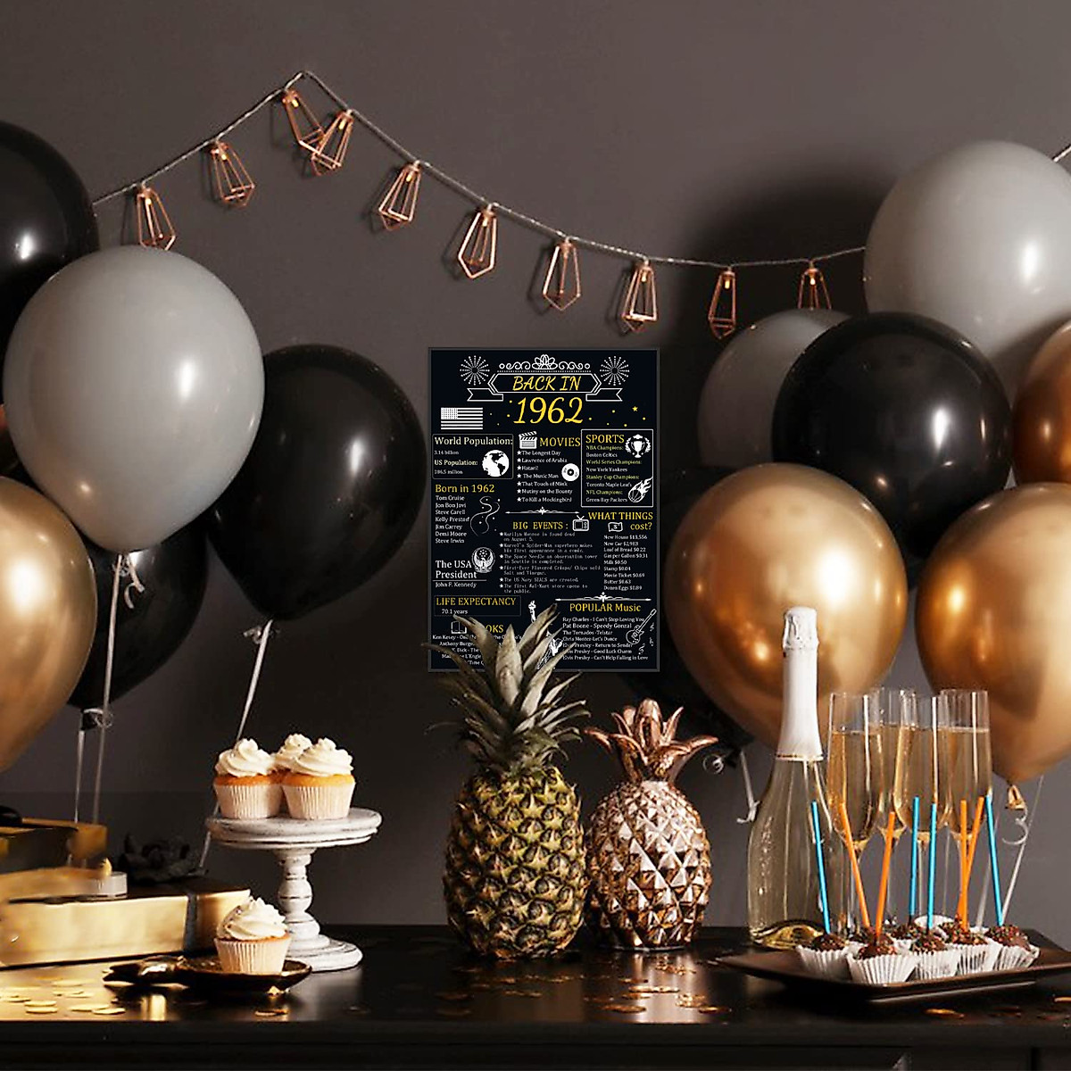 Black and White Background Rose Gold 11.7x8.3" Print [Unframed] 60th Birthday Party Decorations Poster Supplies Anniversary Card Gifts for Men & Women Turning 60 Years Old (Back in 1962)