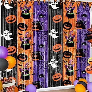 Foil Fringe Curtains Halloween Party Decorations, 2 Pack 3.3 x 6.6 FT Black Orange Purple Tinsel Fringe Curtain Halloween Decor Indoor Photo Backdrop Streamers for Halloween Birthday Party Decorations