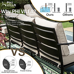 PHI VILLA 4 Pcs Patio Furniture Set with 1 x 3 Seater Padded Deep Seating Bench, 2 Cushioned C-Base Sofa Chairs and 1 Metal Coffee Table, Outdoor Deluxe Conversation Set with 5 Seat for Outside