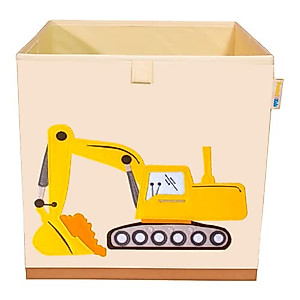 Product 4 Kids - Washable Toy Box Storage Cube, Canvas Toy Chest Organizer Foldable Kids Toy Storage Organizers for Child's Bedroom or Playroom -13x13x13 Inch (Truck+ Excavator)