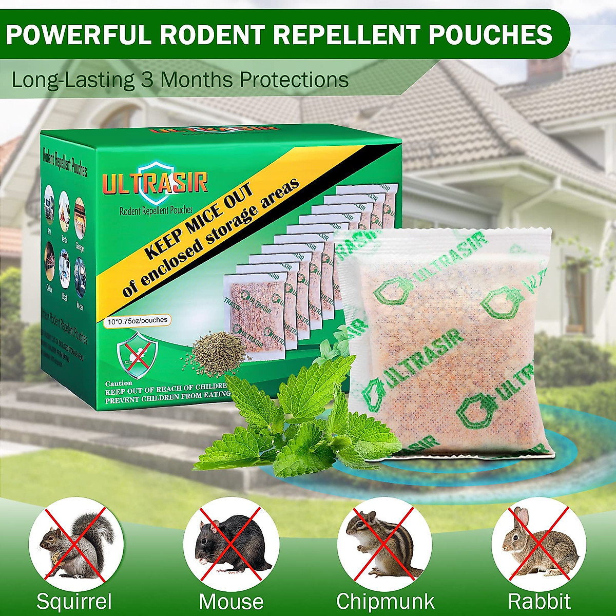 Ultrasir Rodent Repellent, Mouse Repellent 10 Pouches, Peppermint Oil Pest Repellent Granules for Mice Rats Squirrels Ants Spiders, Natural Repel Mouse Deterrent for House,Car,RV,Garage,Cabin,Basement