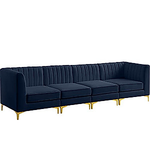 Meridian Furniture Alina Collection Velvet Upholstered Modular Sofa with Deep Channel Tufting, 119" Wide, Navy