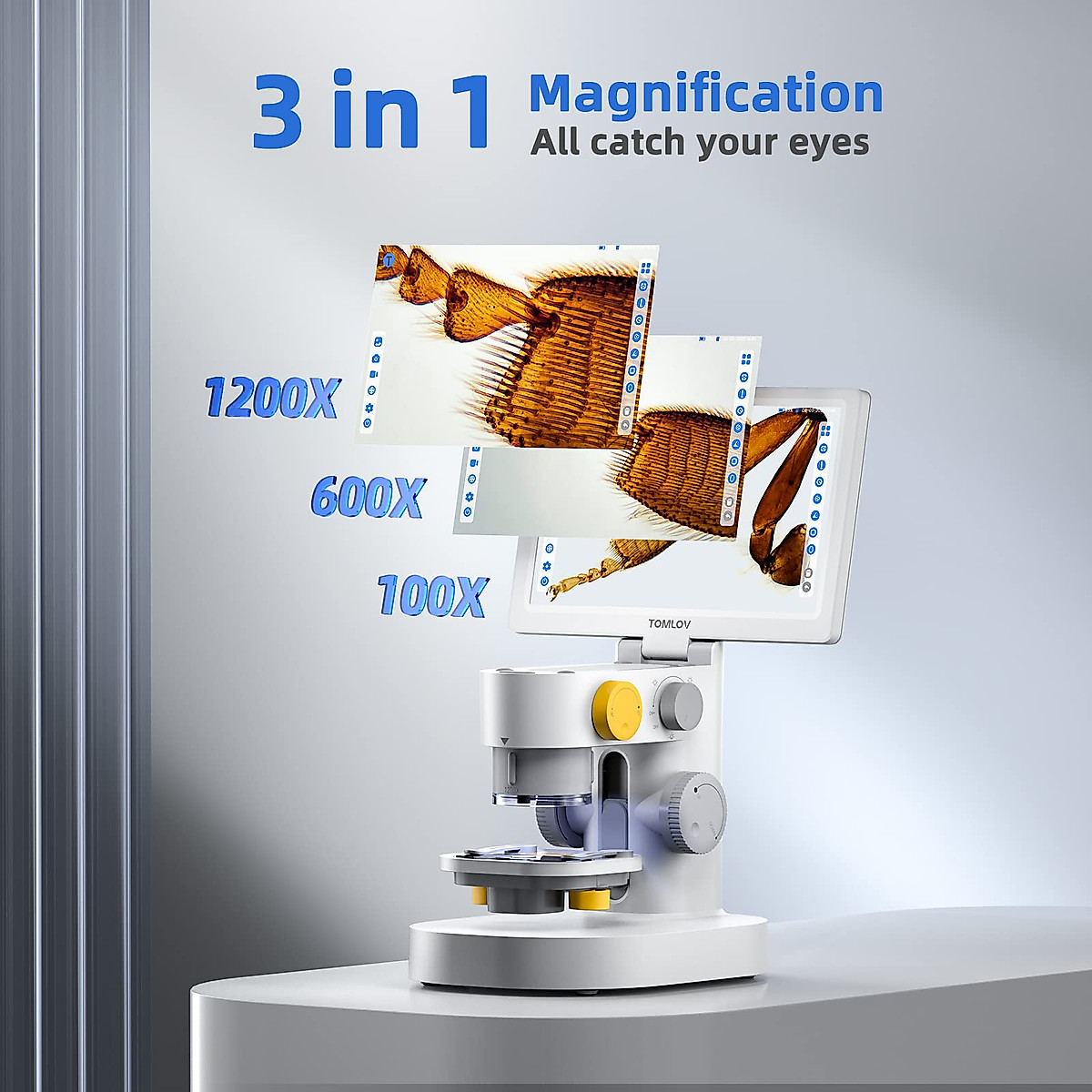 TOMLOV DM301 Biological Kids Microscope 1200X with 9'' IPS Touchscreen, Meaure and Edit, 1080P Triple Camera, Slides Set, STEM Digital Microscope for Home Education, Windows Mac Compatible