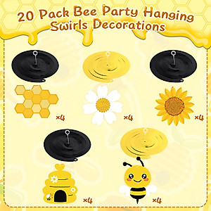 20PCS Bumble Bee Hanging Swirl Decorations, Bee Party Hanging Swirls Foil Ceiling Streamers Honey Bee Themed Party Supplies for Kids Birthday Baby Shower Gender Reveal Bee Day Party Decoration
