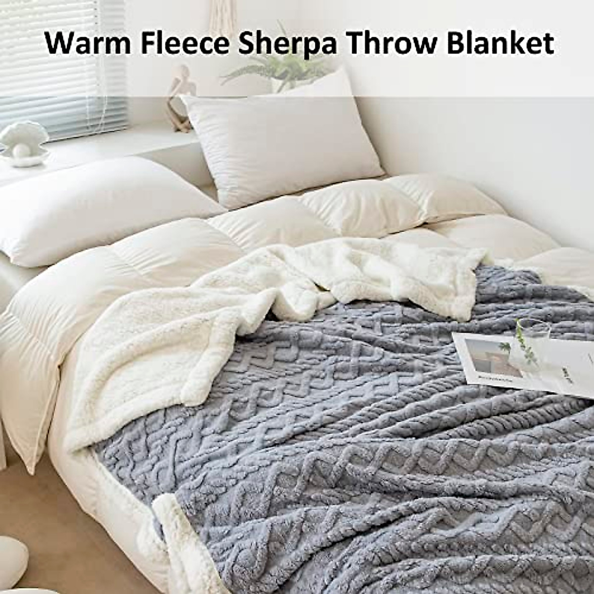 Plush Thick Sherpa Throw Blanket Grey - Soft Warm Breathable Fleece Velvet Blanket with 3D Stylish Cable Pattern for Bed Sofa Recliner Chair - Fluffy Throw Size 60"×80"