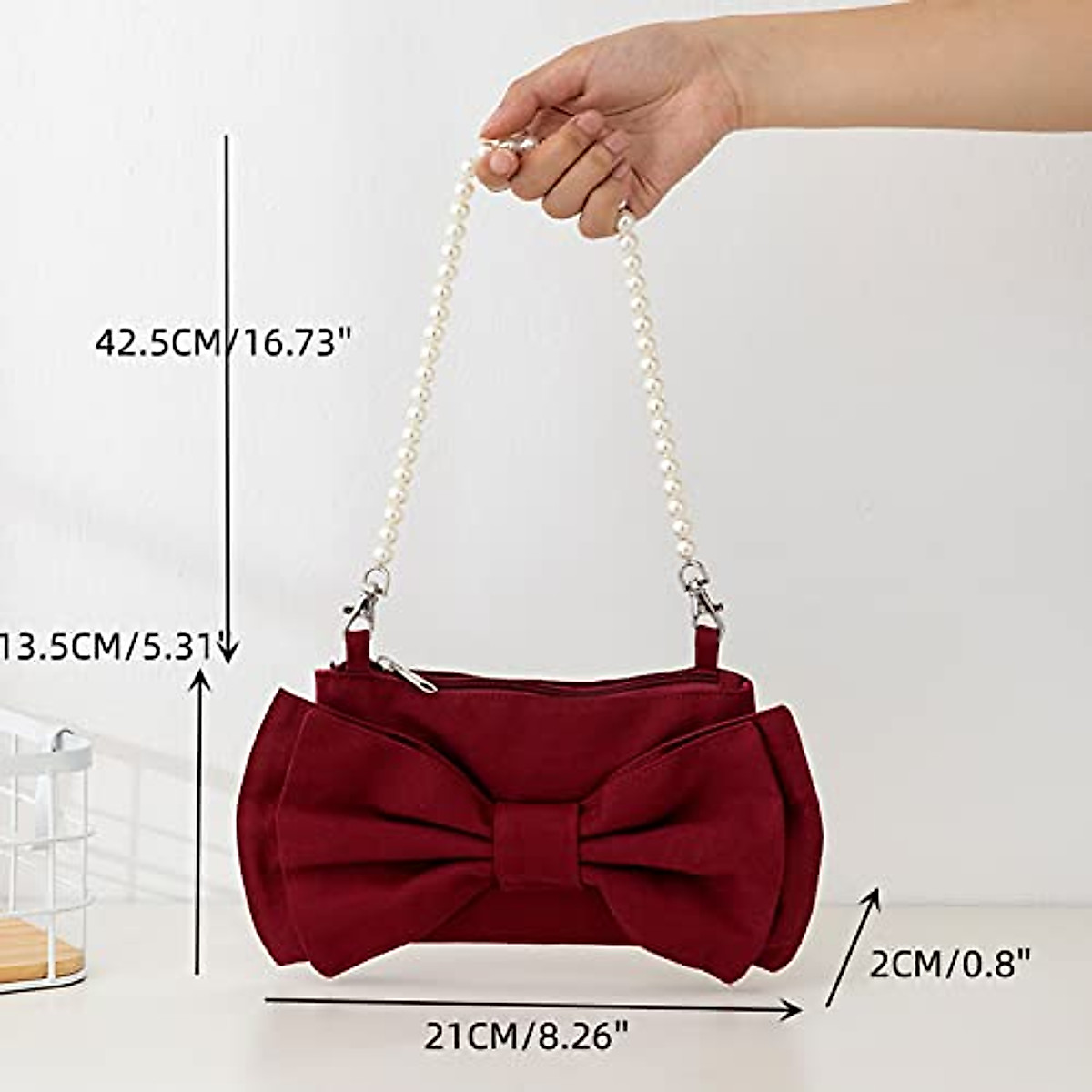 Anopo Bow Evening Clutch Purse Canvas Cell phone Shoulder Bag Pearl Handle Handbag for Women Girls Wedding Party Prom Red