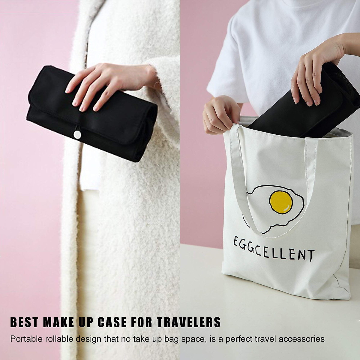 Longjet Makeup Brush Organizer Case Portable Roll Travel Accessories with Brushes Holder Dividers and Cosmetics Storage Bag (A, Black)