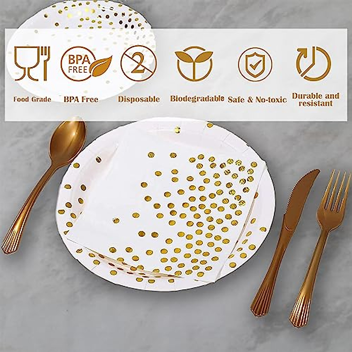 Guang Mao White and Gold Party Supplies-180 PCS Serves 30 Dinnerware Gold Dot Paper Plate, Napkins, Gold Plastic Forks Knives Spoons for Graduation, Birthday, Cocktail Party