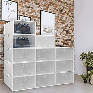SHNORM Transparent Shoe Storage Box - Folding Large Size Cabinet Unit Easy Assembly, Stackable Shoe Storage Box with Lid for Women/Men (24/12/6Pcs) (#2:24Pcs with Lid, White)