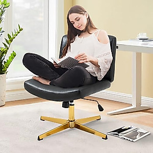 TURRIDU Home Office Armless Swivel Chair, Criss Cross Golden Legs No Wheels PU Leather Wide Seat Mid Back Aesthetic Chair for Living Room Bedroom Vanity Makeup Reading Computer Desk Task, Black