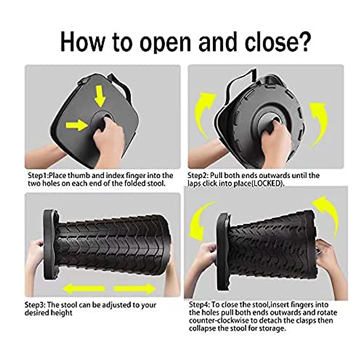 Hesanzol Square Telescopic Stool Portable Retractable Folding Stool Lightweight and More Sturdy Collapsible Stool for Adults Indoor Outdoor Load Capacity 500lbs (Square-Black)