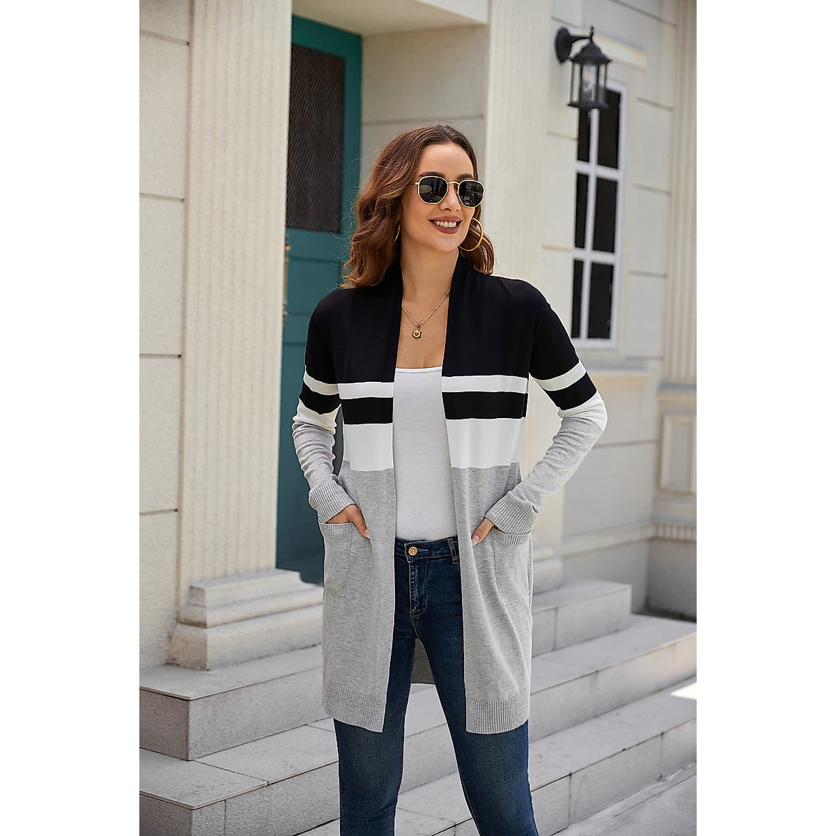 GRACE KARIN Women Cardigans Sweater Color Block Striped Loose Open Front Long Sleeve Cardigan Sweater Outwear Colorblock-14 XL
