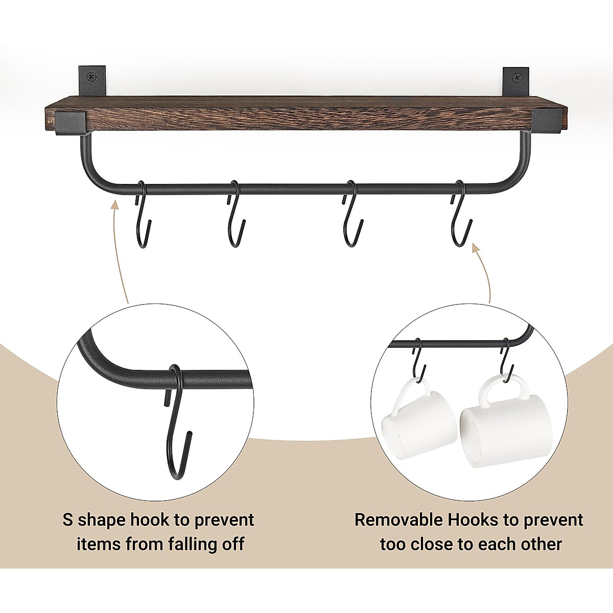 Mkono Mug Holder Wall Mounted Coffee Mug Rack Set of 2 Rustic Floating Shelf for Coffee Bar Accessories Wood Tea Cup Hooks Hanger for Organizing Cooking Utensils, Home Kitchen Decor