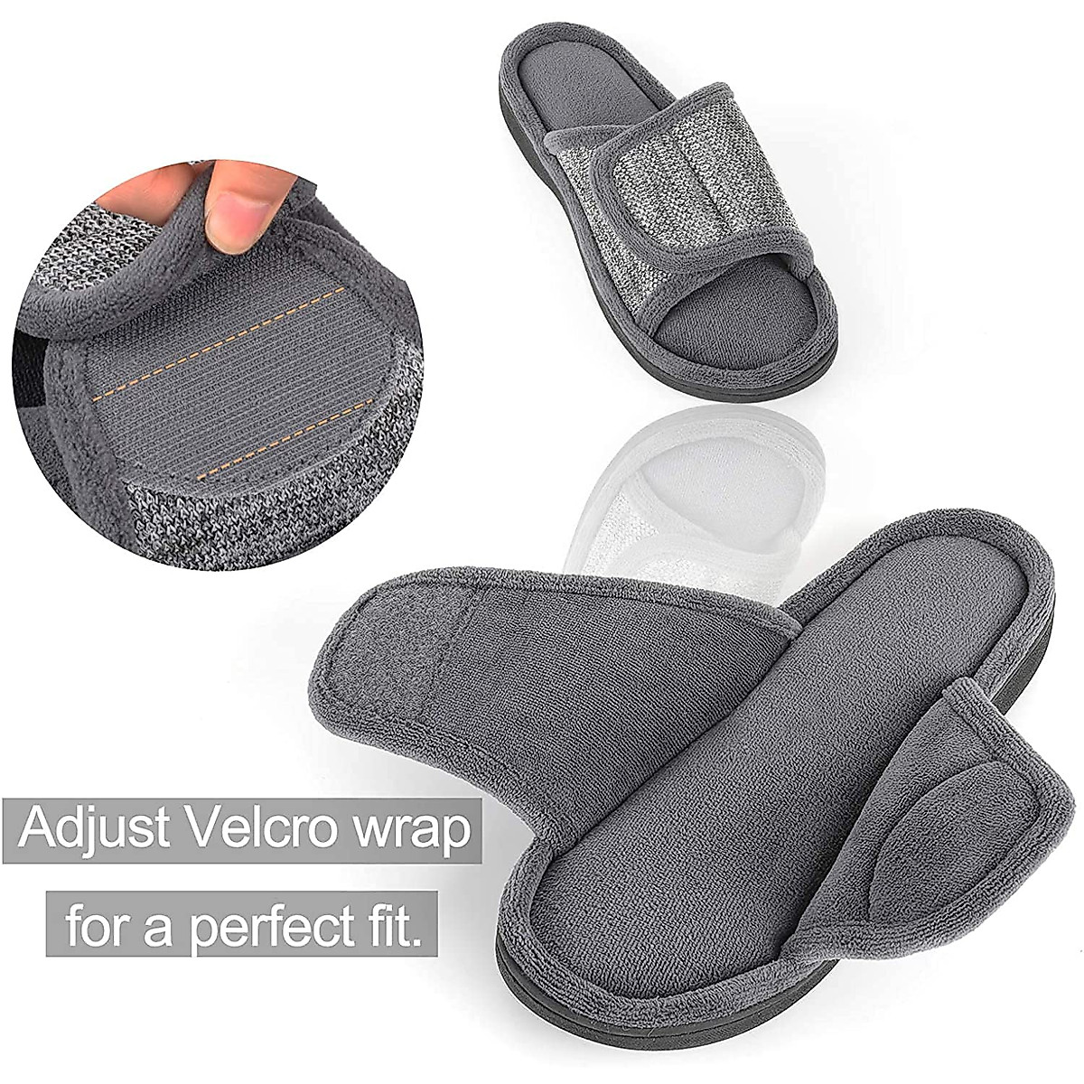 RockDove Men's Adjustable Wrap Memory Foam Slide Slipper, Size 11-12 US Men, Grey