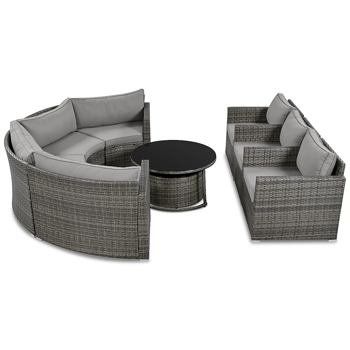 Bellemave 9-Piece Patio Sectional Set Half-Moon Sofa Set Gray Wicker Curved Outdoor Sofa with Gray Cushions & Nesting Coffee Table, All-Weather PE Wicker Semi-Circular Couch