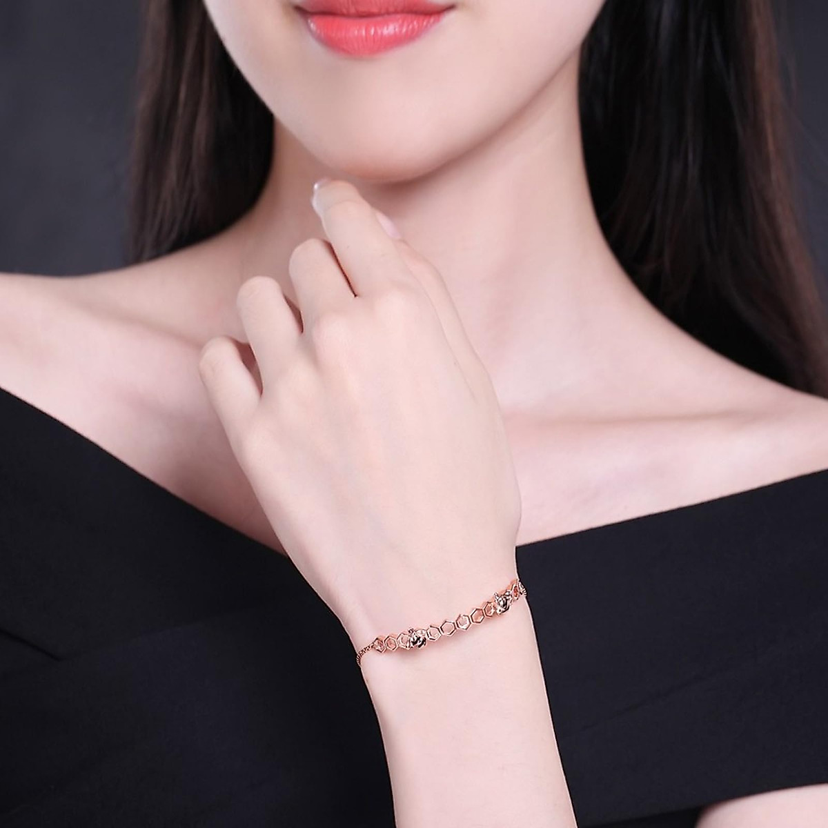 Presentski Bee Honeycomb Bracelet 925 Sterling Silver, Rose Gold Plated Adjustable Jewelry for Women