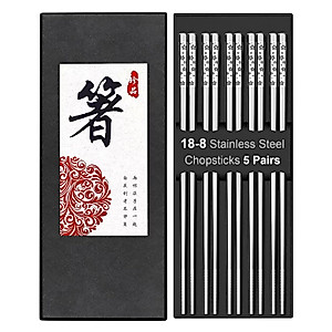 FOFAYU 5 Pairs Metal Chopsticks Reusable 18/8 stainless steel Chopsticks Japanese Style Dishwasher Safe Lightweight Non-Slip Chop Sticks 9 1/4 Inches Present Set